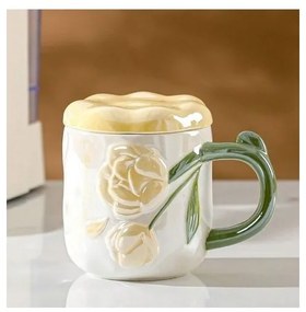 Flamenco Mystique Keramický hrnek s květinovým motivem a víkem, žlutý, 450 ml, 9,2 x 9,6 cm