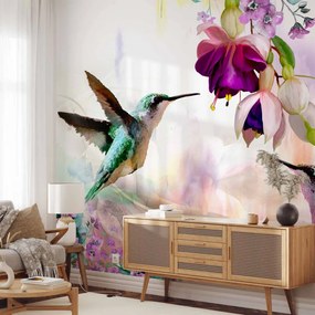 Fototapeta Kolibři - ptáci na pozadí barevných květů v odstínech fialové a růžové