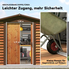 Outsunny Kovový Zahradní Kůlna s Dřevěným Vzhledem 3 m² 152 x 235,7 x 208,7 cm Sklad pro Nástroje s Šikmou Střechou, Okny a Dvoubarevnými Posuvnými D…