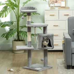Strom pro kočky PawHut s více vybavením - škrabadla, platformy, skrýš, lanové hračky 40D x 40Š x 114V cm Šedý