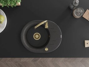 Mexen Kevin, granitový dřez 586x458x190 mm, 1-komorový, černá skvrnitá se zlatým sifonem, 6517581005-76-G