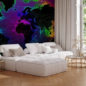 Fototapeta Vlny - mapa světa s barevným obrysem kontinentů a tmavým pozadím