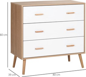 HOMCOM Dřevěná Komoda se 3 Zásuvkami, Vysoká Úložná Skříň Moderní s Vznesenými Nohami pro Ložnici a Obývací Pokoj 80x39x80 cm Bílá a Přírodní