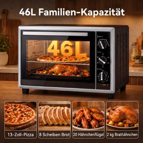 HOMCOM 46 L mini trouba s otočným špízem, ventilátorem, regulací teploty a časovačem, 1800 W, černá