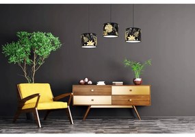 Závěsné svítidlo Gold Flowers, 3x černé textilní stínítko s květinovým vzorem