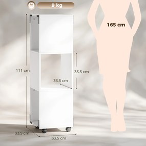 HOMCOM pojízdná kartotéka s 3 otevřenými policemi a policí na tiskárnu — bílá, 33,5 × 33,5 × 111 cm