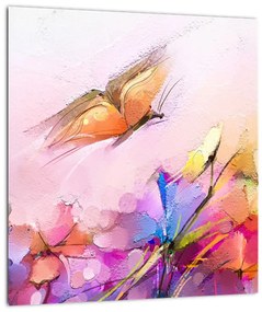 Obraz - Motýl nad květinou, abstrakce (30x30 cm)