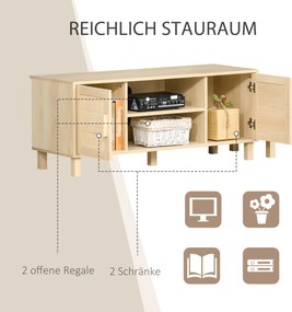 HOMCOM TV Stánek s Věšákem - 2 Přihrádky, 2 Skříně s Ratanovými Dveřmi, 115 x 40 x 48 cm, MDF s Povrchovou Úpravou Světle Dřevo