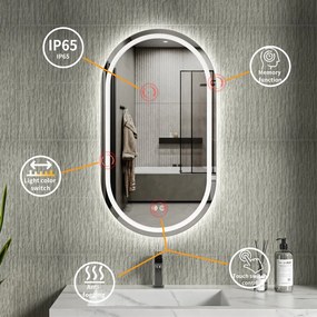 Erga Lyra, oválné LED zrcadlo 50x90cm, 3 barvy světla, přední a zadní osvětlení, vyhřívací podložka proti zapaření, ERG-V01-LYRA-5090-CL