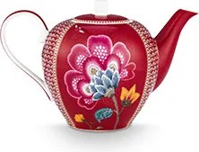 Pip Studio Blooming Tales velká čajová konvice 1,6 l - tmavě červená (Porcelánová čajová konvice v tmavě červené barvě)