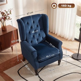HOMCOM čalouněné obývákové křeslo se širokým sedákem, dřevěné nohy, klasický styl, vysoký komfort, 74x86x102cm, tmavě modrá