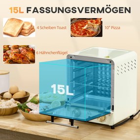 HOMCOM Mini trouba 15 l objem, výškově nastavitelný plech a rošt, 1000 W, krémově bílá