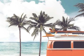 DIMEX | Vliesová fototapeta Retro auto na pláži MS-5-2193 | 375 x 250 cm| zelená, modrá, červená, bílá
