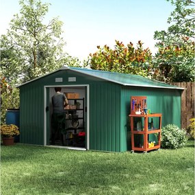 Kovová zahradní kůlna Outsunny 12,4 m², s šikmou střechou, posuvnými dveřmi a základem, 386 x 340 x 200 cm, odolná vůči počasí, pro zahradu, tmavě ze…