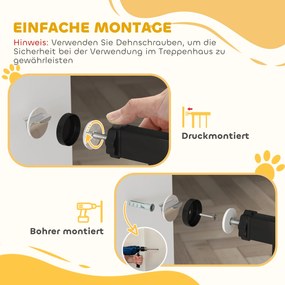 Bezpečnostní branka pro psy PawHut, 75-145 cm, nastavitelná, otevírání do dvou směrů, dvojité zamykání, montáž bez vrtání, ABS, ocel, černá| Aosom