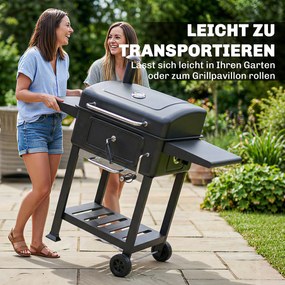 Gril na dřevěné uhlí BBQ udírna s víkem Teploměr výškově nastavitelná pánev na dřevěné uhlí Komín Grilovací rošt Boční stolek Popelník