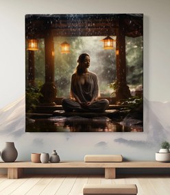 Obraz na plátně - Meditace, žena v altánku za deště FeelHappy.cz Velikost obrazu: 100 x 100 cm