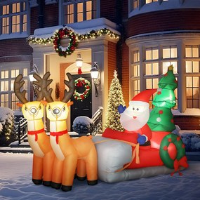 Outsunny Nafukovací vánoční dekorace, Santa Claus v sobím saních, polyesterová látka, LED světla, barevné