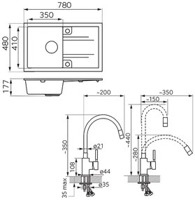 Ferro Dřezy - sada granitový dřez + flexi baterie Ferro Zumba BZA4B, 1-komorový 780x480 mm, grafitový lesk, DRGM48/78HA-SET1-PL