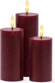 LED svíčky z pravého vosku dobíjecí Bordeaux, sada 3 ks, výška 10/12,5/15cm, ø 5 cm, vínová, bez stanice