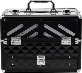 HOMCOM Organizér na make-up a šperky, přenosný, víceúrovňový s rukojetí a skládacími přihrádkami, hliníková slitina, 30x18,5x22 cm, průhledný a černý