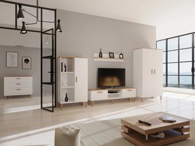 Benlemi Obývací pokoj DENVER bílý, dub hikora: Skříň, komoda, police, regál a TV stolek 160 cm