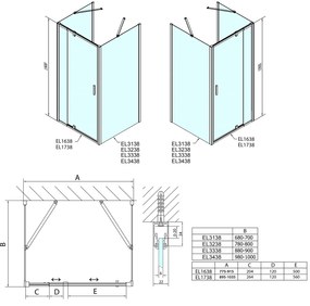 Polysan, EASY LINE sprchový kout tři stěny 800-900x1000mm, pivot dveře L/P varianta, Brick sklo, EL1638EL3438EL3438