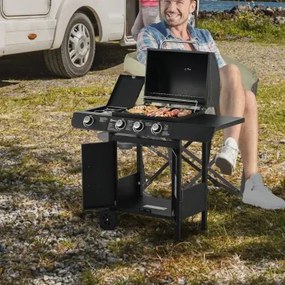 Outsunny plynový gril s 3 hlavními hořáky + 1 bočním hořákem, odkládací plocha, nerezová ocel, černý, 110 x 50 x 100 cm