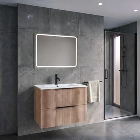 Sapho Cirasa Strip koupelnový set skříňka 80 cm s umyvadlem a LED zrcadlem 2x zásuvka dub alabama hnědá KSET-105