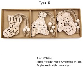 Vánoční dekorace - vánoční ozdobička ze dřeva (12 ks v balení) 1-13 Barva: Box-Type B