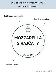 Samolepka na kořenky MOZZARELLA S RAJČATY průhledná 5 cm tučné písmo