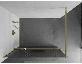 Mexen Kioto, sprchová zástěna s poličkou a ramínkem na ručníky 140 x 200 cm, 8mm sklo s žebrovým vzorem, zlatý profil, 800-140-121-50-09