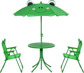 Zahradní set Outsunny pro děti – stůl a židle na piknik, skládací set pro děti se nastavitelným deštníkem 100-125 cm, design žabky, zelený | Aosom