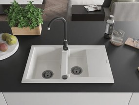 Mexen Gaspar, granitový dřez 737x475x177 mm, 1,5-komorový, bílá s černým sifonem, 6507731505-20-B