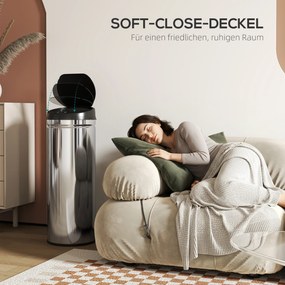 HOMCOM 50litrový senzorový odpadkový koš s funkcí Soft-Close, bezdotykový odpadkový koš z nerezové oceli pro hygienické kuchyně, kanceláře, stříbrná …
