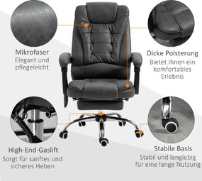Kancelářská židle Vinsetto s masážní a vyhřívací funkcí, ergonomická, 6 masážních bodů, podnožka, dálkové ovládání, polyester, 65 x 160 x 104 cm, šedá