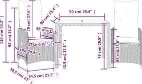 3dílný zahradní bistro set s poduškami šedý polyratan 3277031