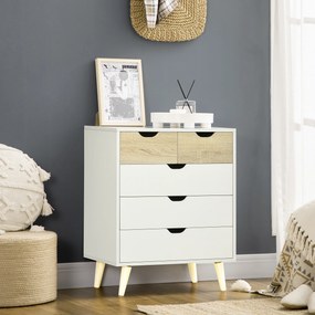 HOMCOM Komoda s 5 zásuvkami a zvýšenými nohami pro ložnici, obývací pokoj i kancelář, moderní styl, proti převrhnutí, 60x40x77,5 cm, přírodní a bílá