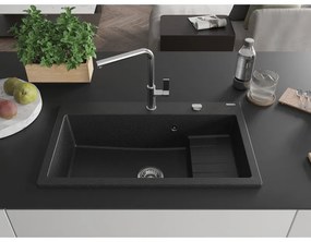 Mexen Omar, 1-komorový granitový dřez 800x480x210 mm, černá-stříbrná metalíza, chromový sifon, 6520801005-73