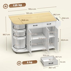 HOMCOM pojízdný kuchyňský ostrůvek s výsuvnou deskou, bílý