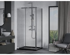 Mexen Apia rozsouvací sprchový kout 90 x 70 cm, Průhledné, Chromovaná + sprchová vanička Flat, Černá - 840-090-070-01-00-4070