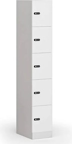 Šatní skříňka S1 s úložnými boxy, 5 boxů, 1850 x 300 x 500 mm, mechanický kódový zámek, laminované dveře, bílá