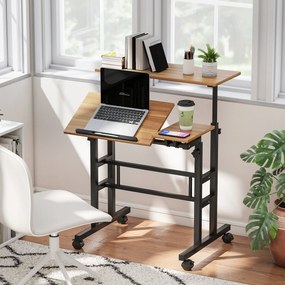 HOMCOM sedací‑stojací stůl 70 x 60 cm – výškově nastavitelný, s kolečky a naklápěcí deskou stolu, hnědý