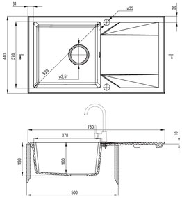 Deante Evora, granitový dřez na desku 780x440x193 mm, 3,5" + prostorově úsporný sifon, 1-komorový, šedá, ZQJ_S113