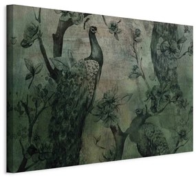 Obraz XXL Tmavě zelení pávi - vintage kompozice s ptáky a květinami