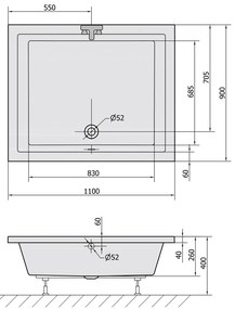 Polysan DEEP hluboká sprchová vanička s konstrukcí, obdélník 110x90x26cm, bílá - 72372