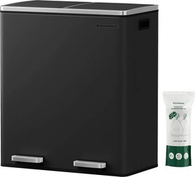 Vzduchotěsný kovový pedálový dvojitý odpadkový koš 2 x 30l, s 15 pytli na odpadky, černý
