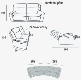 Kožená sedací souprava CONTINENTAL rohová s funkcí relax, elektrické, černá (nero 308)