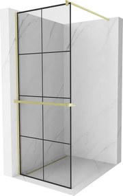 Mexen Kioto+, sprchová zástěna Walk-In s poličkou a věšákem 90 x 200 cm, 8mm čiré sklo černý vzor, ​​zlatý matný profil, 800-090-121-55-77