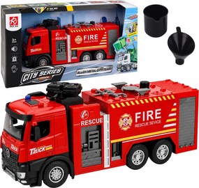 LEAN Toys Hasičské auto s funkcí stříkání vody, kovová kabina, světla, zvuky, měřítko 1:12